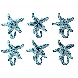 Iron Starfish Hook Set of 2- 5.5" by 4"- Blue Set of 6 Starfishes