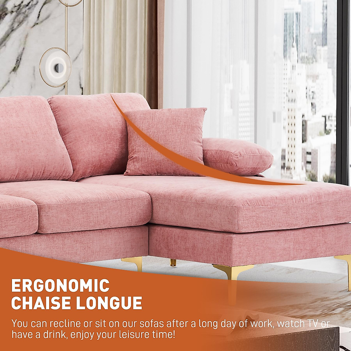 OUYESSIR U-Shaped Sectional Sofa Couch, 4 Seat Sofa Set for Living Room, 110.6" L-Shaped Chenille Sleeper Couch Set with Double Chaise Lounge (Pink)