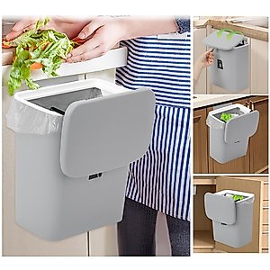 MUGYPYR Compost Bin for Kitchen -2.4 Gallons/9L Trash Can for Under Sink,Hanging Small Trash Can with Lid for Bathroom/Bedroom, Indoor Compost Bucket (Grey)