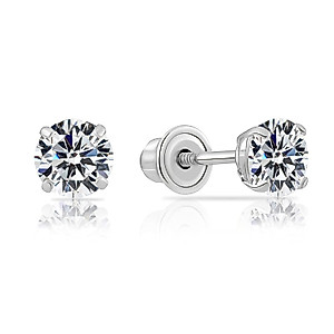 14k White Gold Solitaire Round Cubic Zirconia CZ Stud Earrings in Secure Screw-backs (4mm)…
