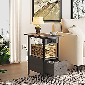 LIDYUK End Table with Charging Station, Narrow Side Table with Drawer and USB Ports & Power Outlets, Nightstand Bedside Tables for Small Spaces, Bedroom, Living Room, Dark Grey