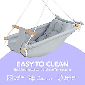 CaTeam - Canvas Kids Swing with Stand, Wooden Hanging Swing Seat Chair with Safety Belt, Durable Toddler Swing Chair, Outdoor and Indoor Swing for Kids, Blue Gray