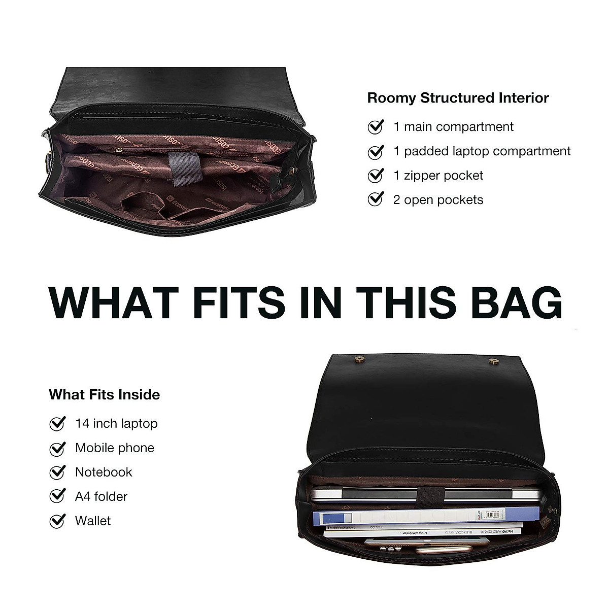 ECOSUSI Briefcase for Women Laptop Bag for Work Briefcase Crossbody Messenger Bags Vegan Leather Satchel Purse Fit 14 Inches Laptop, Black