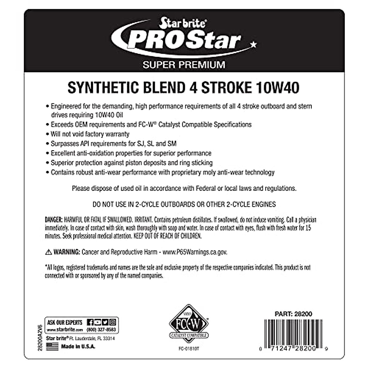 STAR BRITE Super Premium Synthetic Blend 4 Stroke Oil 10W 40 - High-Performance Marine Engine Oil for Outboards, Inboards, and Stern Drives - 1 Gallon (028200)