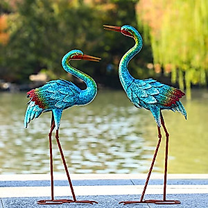 Natelf Garden Crane Statues for Outdoor, Blue Heron Decor Standing Garden Art Sculptures, Metal Large Birds Lawn Ornaments for Patio Pond Yard Lawn Decorations, Set of 2