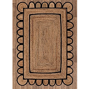 ROYAL ARTS & CRAFTS 2x3,3x5,4x6,5x7,6x9,8x10,9x12 Black Color Scalloped Design Jute Rug Kitchen Rug/ Patio Rug/ Hallway Rug/ Entryway Rug/ Outdoor Rug (3x4 Ft Area Rug)