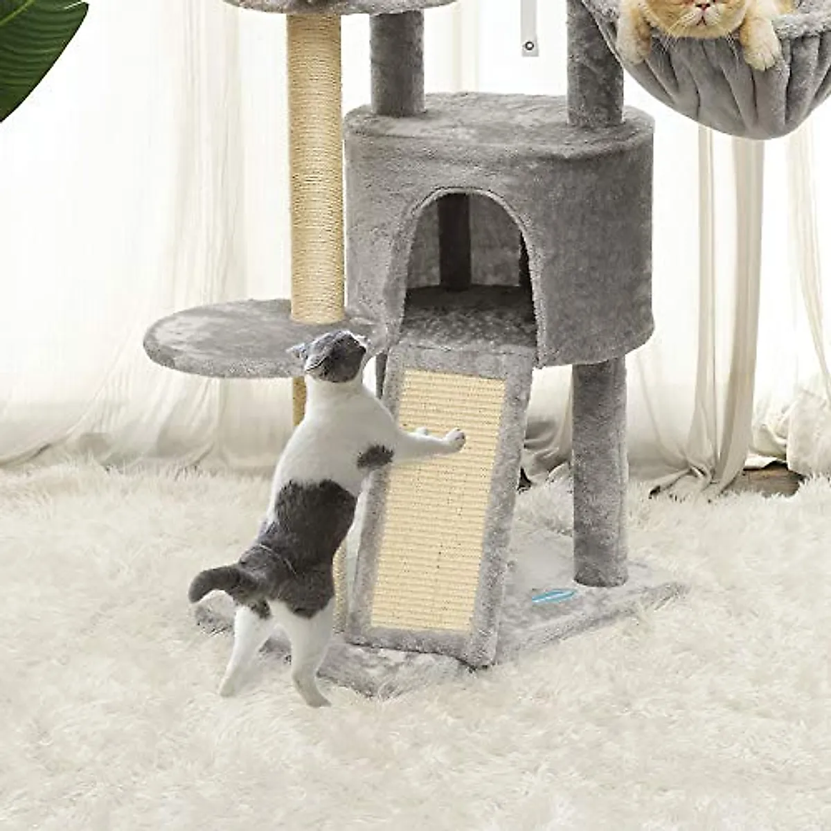Hey-brother Cat Tree with Scratching Board, Cat Tower with Padded Plush Perch and Cozy Basket, Multi-Platform for Jump, Light Gray MPJ005W