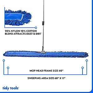 Tidy Tools Commercial Dust Mop & Floor Sweeper, 60 in. Dust Mop for Hardwood Floors, Cotton Reusable Dust Mop Head, Extendable Handle, Industrial Dry Mop for Floor Cleaning & Janitorial Supplies, Blue