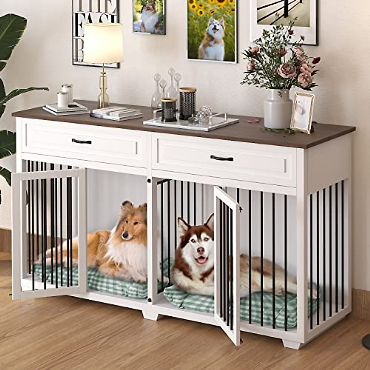 PIAOMTIEE Dog Crate Furniture, 72.4 Inch Wooden Dog Kennel, Modern Decorative Dog Crate End Table, Dog House with Double Doors, Drawers, Divider, Indoor Dog Cage for Large Medium Dogs, White