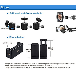 Overhead Tripod Mount for Camera Webcam Ring Light, Flexible Over Head Arm for iPhone with Phone Holder and Ball Head, Table Stand Accessory for Phone Video Recording Live Stream