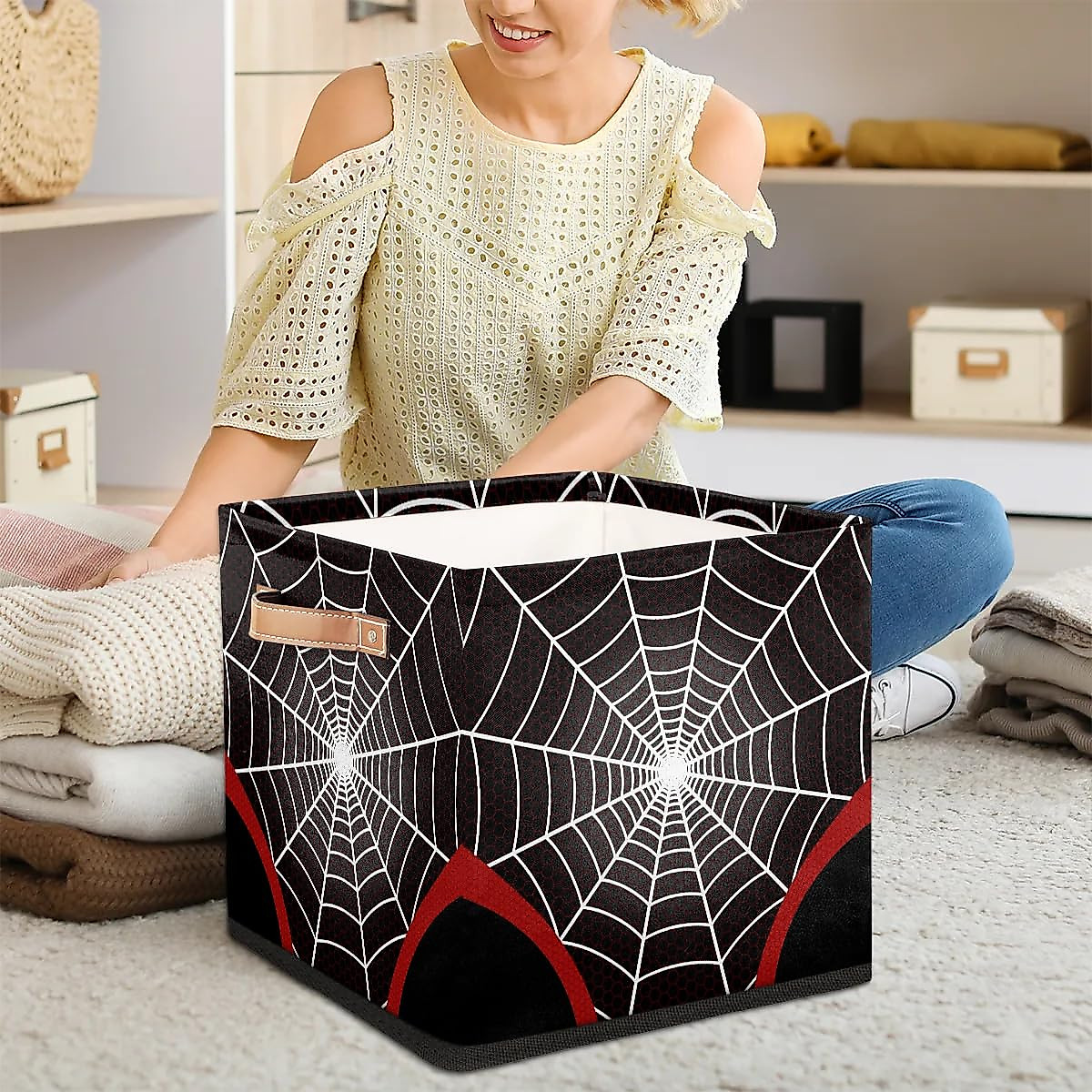 LLCXCSI Black Spider Web Storage Cubes Foldable Cube Organizer Baskets Bins 13"x 13" with Double Handles for Nursery, Kids Room, Closet Shelf Clothes Toys Storage