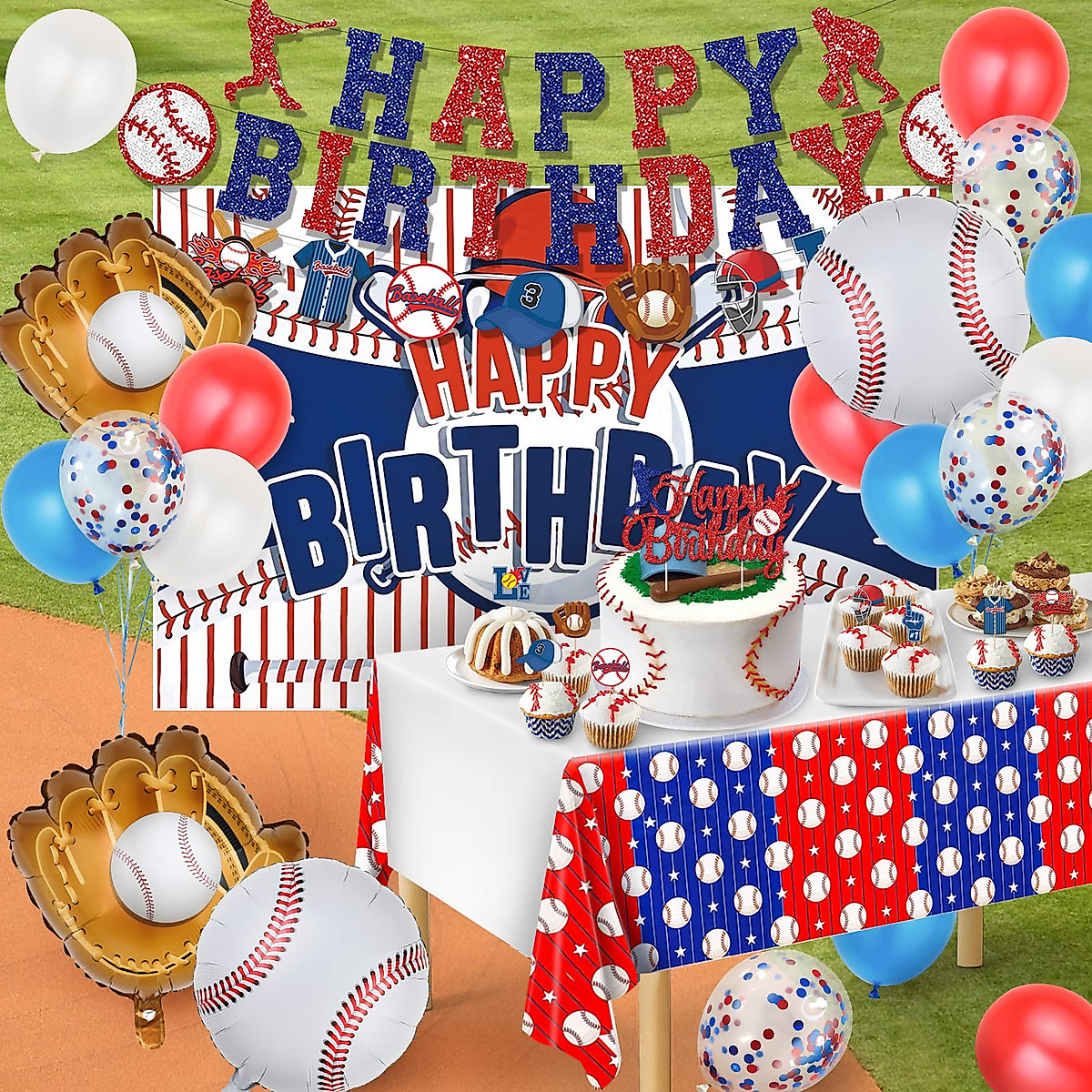 Baseball Party Decorations, Baseball Birthday Party Supplies Kit, Include Sport Themed Birthday Backdrop, Happy Birthday Banners, Tabelcloth, Baseball Balloons, Cake&Cupcake Toppers