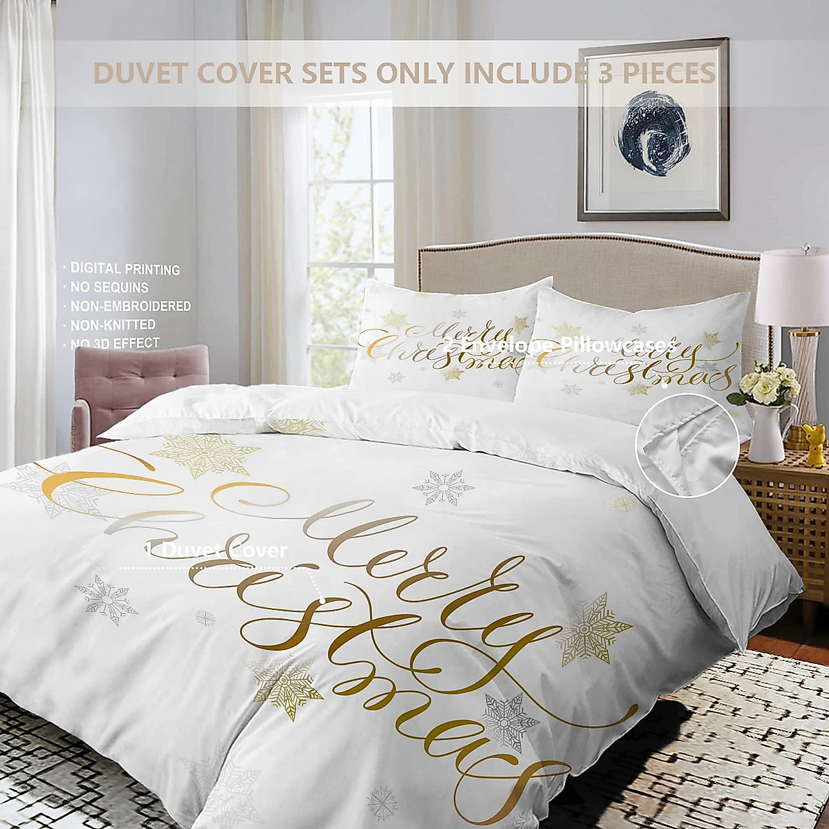 BaoNews Golden Christmas Merry Christmas Duvet Cover Set King Size,3 Pieces Silver Gray Snowflake Bedding Set Hotel Quality 100% Cotton Comforter Cover Set with 2 Pillowcases(No Filler)