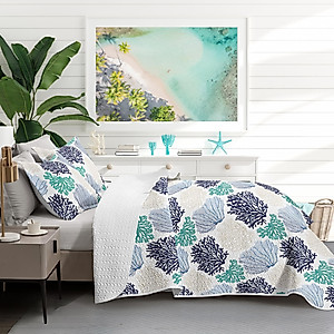 3 Piece Blue Teal Coral Coastal Quilt Sets King Size Nautical Beach Bedding Lightweight Reversible Microfiber Coverlet with 2 Shams Ocean Themed Bedspread Comforter Set for All Season, 96" x 106"