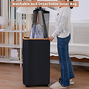 iEGrow Laundry Hamper with Wheels,110L Clothes Hamper for Laundry, Laundry Basket with Lid and Inner Bag, for Laundry Room, Bedroom, Dormitory Storage,Black