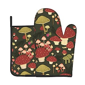 Vintage Mushroom Oven Mitts and Pot Holders Sets of 2, Non-Slip Cooking Hot Pads Washable Heat Resistant for Kitchen Microwave BBQ Baking Grilling