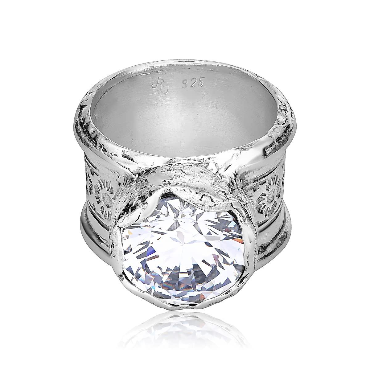 925 Sterling Silver Wide Engraved Floral Band Ring With White Round Cubic Zirconia Sculptured Bezel Hypoallergenic Nickel & Lead-free Artisan Handcrafted Designer Collection, Made in Israel