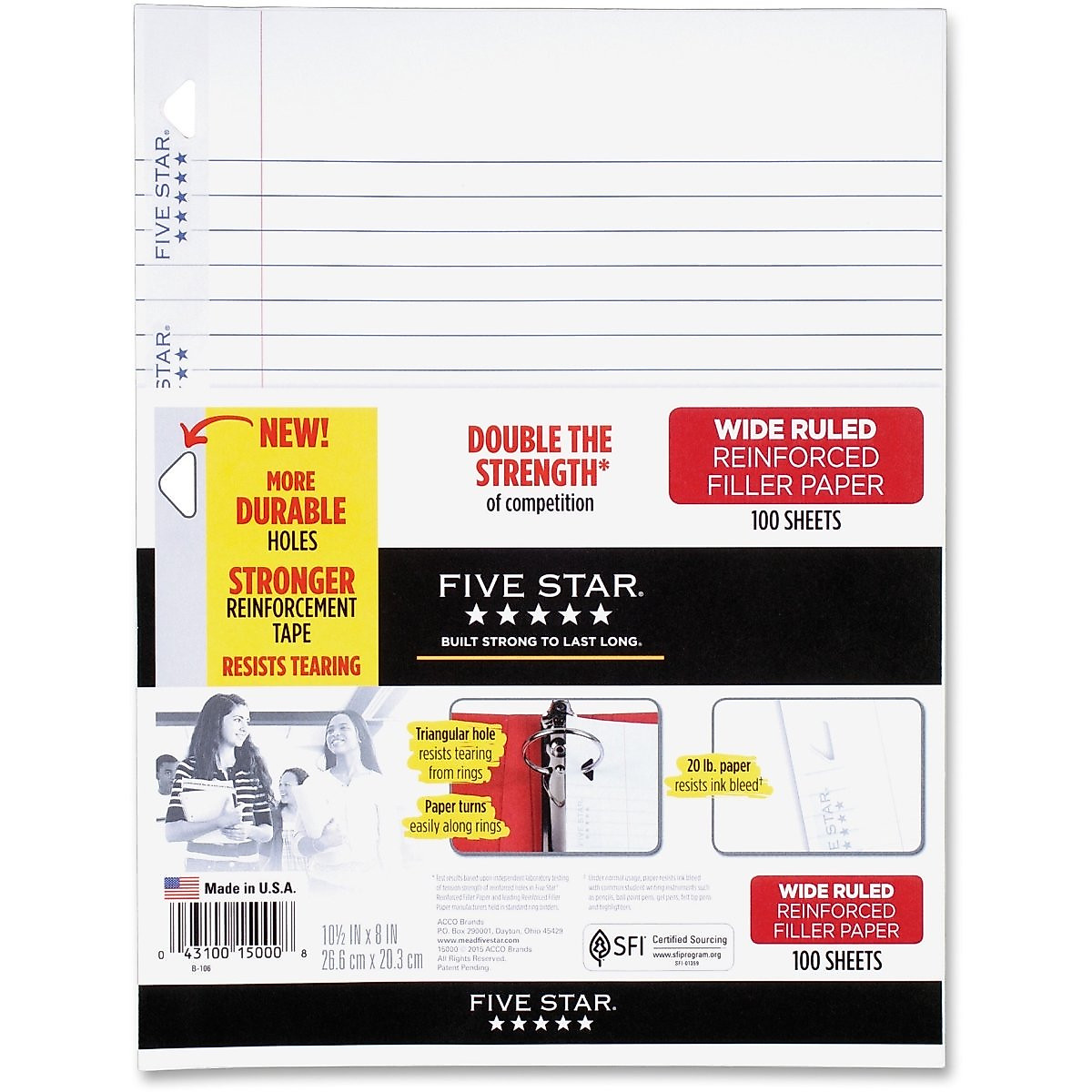 Five Star Loose Leaf Paper, 3 Hole Punched, Reinforced Filler Paper, Wide Ruled, 10-1/2 x 8 inches, 100 Sheets/Pack, 1 Pack (15000)
