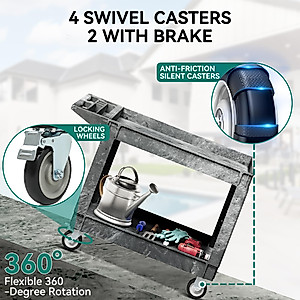 YITAHOME Utility Cart on Wheels, 550 lbs Service Cart 45 x 25 Inch Rolling Work Carts with Wheels, 2 Shelf Heavy Duty Plastic Cart Suitable for Warehouse, Garage, School & Office, Cleaning, Gray