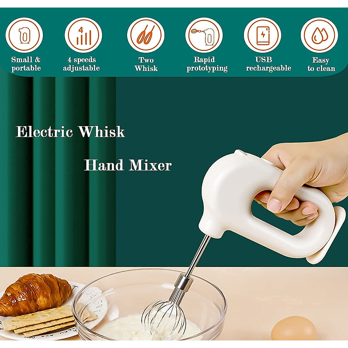 Wynboop MINI Household Cordless Electric Hand Mixer,USB Rechargable Handheld Egg Beater with 2 Detachable Stir Whisks 4 Speed Modes,Baking At Home For Kitchen,Lightweight Portable(Green)