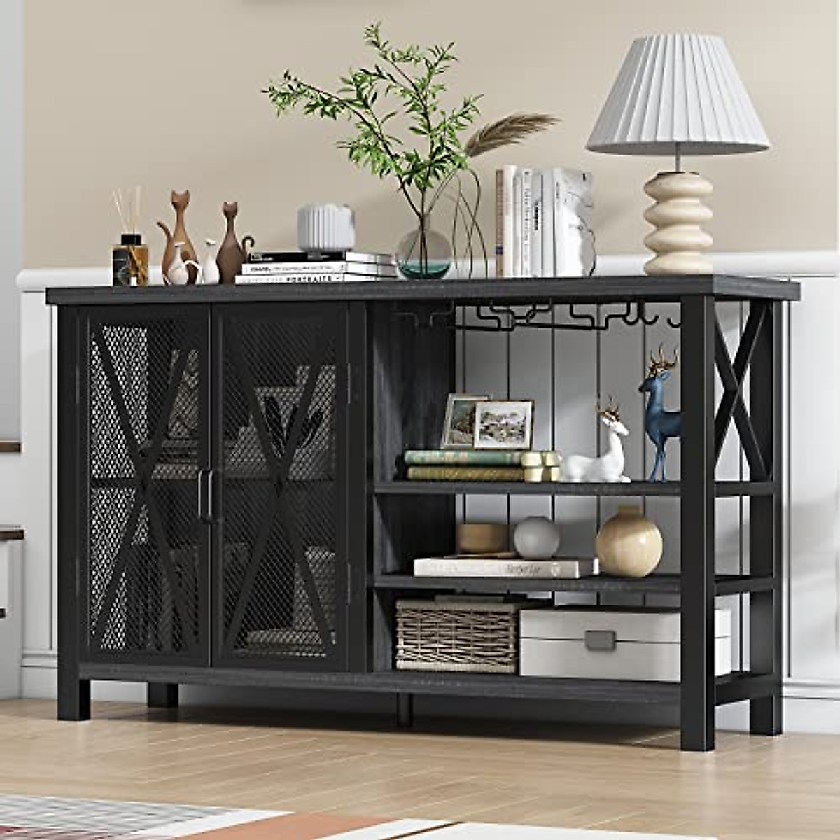 OIOG Wine Cabinet with Removable Wine Rack and Glass Holder, Wine Bar Cabinet for Liquor, Home Bar Coffee Cabinet Sideboards with Metal Mesh Doors for Living Room(Gray)