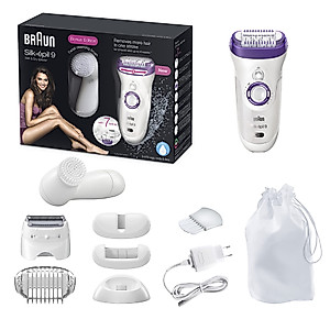 Braun Epilator Silk-epil 9 9-579, Facial Hair Removal for Women, Facial Cleansing Brush, Womens Shaver, Wet & Dry, Cordless and 7 extras