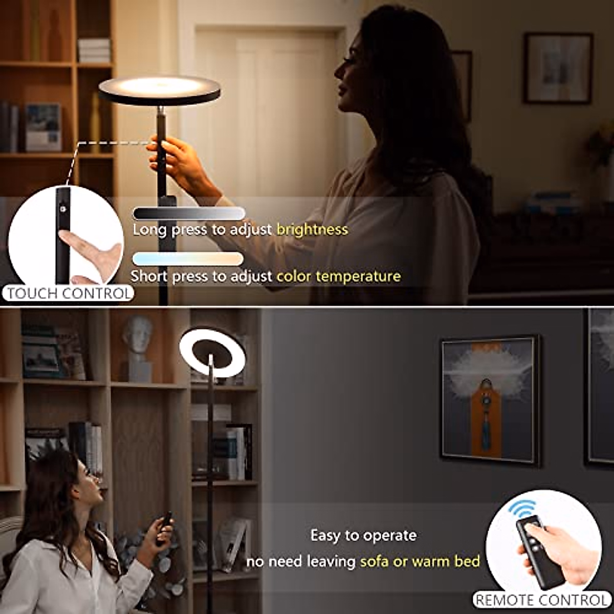 ACODO Floor lamp,LED Modern Double Side Lighting Reading Lamps ,Adjustable Height 4 Color Temperatures Standing Working Tall Lamp with Remote & Touch Control for Living Room,Bedroom, Office (Black)