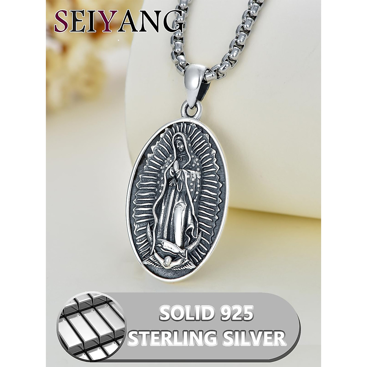 Seiyang Virgen de Guadalupe Necklace Sterling Silver Virgin Mary Pendant Miraculous Medal Pendant Religious Gift for Women Mom