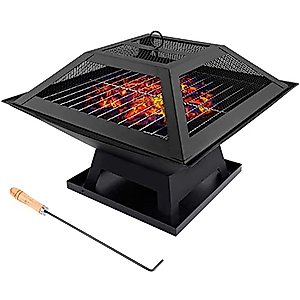 Magshion 2in1 18.5in Small Steel Wood Burning Fire Pit with Cooking Grate Square BBQ Grill Brazier Firepit Fire Bowl Fire Poker Backyard Patio Camping
