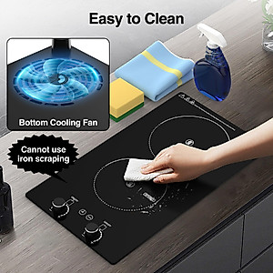 Electric Cooktop,110V 2400W Electric Stove Top with Knob Control, 11 Power Levels, Kids Lock & Timer, Hot Surface Indicator, Overheat Protection,Built-in and Countertop 2 Burner Electric Cooktop