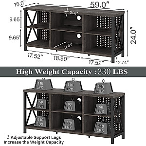 LVB Rustic TV Stand, Industrial Entertainment Center for 70 Inch TV, Long Wood and Metal Television Stand with Storage, Large Modern Farmhouse Media Console Table for Living Bedroom, Rustic Oak, 59 In