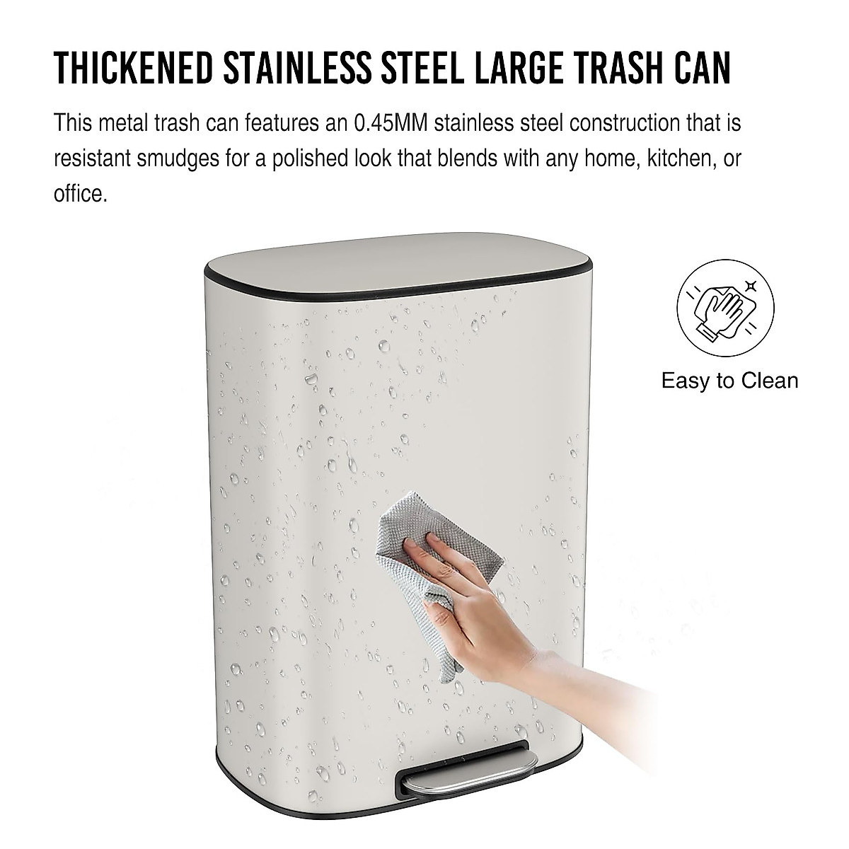 13 Gallon Pedal Trash Can, 50L Stainless Steel Waste Bin with Soft-Close Silent Lid and 30 Garbage Bags, Garbage Can for Home, Kitchen, Commercial, Office, Withe