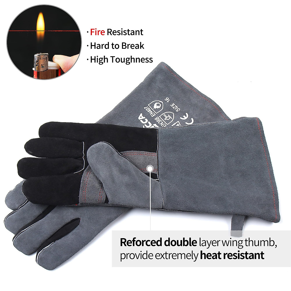 RAPICCA Fireplace Gloves Fire Heat Resistant: Grey 16IN - Fireproof Leather for Fireplace Fire pit Wood stove Campfire Furnace BBQ Grill Stick Mig Welding Welder Gear - one size 662℉