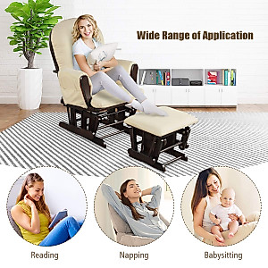 Costzon Nursery Glider with Ottoman, Upholstered Comfort Glider Rocker with Padded Cushion, Storage Pocket, Solid Wood Base, Rocking Chair Nursery for Breastfeeding, Maternity, Napping (Beige)