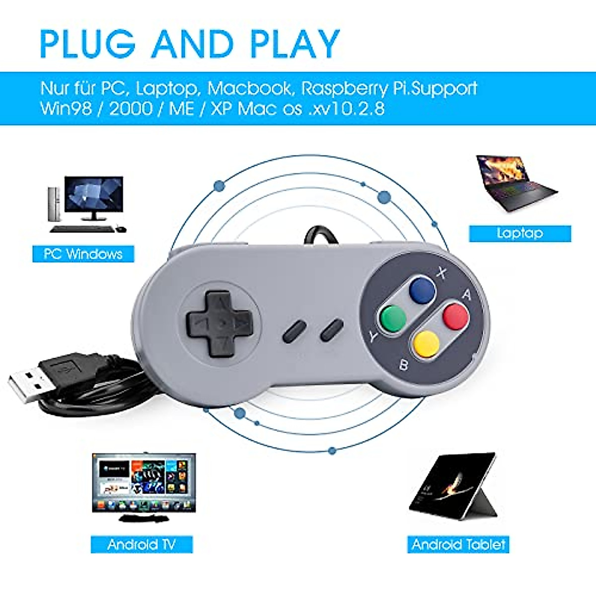 Rii Game Controller, SNES Retro USB Controller, Classic Gamepad Joystick, PC Super Classic Joypad Gamestick for PC, Raspberry Pi, Windows MAC Liunx, Android GP100 (Grey, 2 Pack)