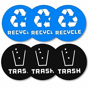 6 Pack (6in x 6in) Recycle Logo and Trash can Sticker to Organize Your Trash - 7 Mil - Laminated - for Trash cans, Garbage containers and Recycle Bins - Premium Vinyl Decal