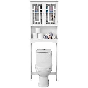 RICHRYCE Over-The-Toilet Storage, Wooden Bathroom Organizer, with 2 Glass Doors & Adjustable Shelf,Over Toilet Cabinets for Bathroom，67.1''L x 23.6''W x 8.5''H,(White)