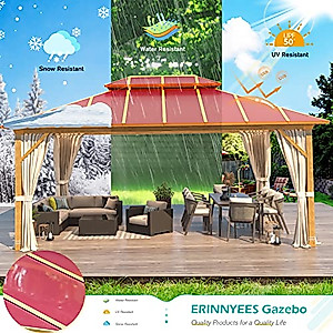 Erinnyees 12' x 16' Wood Grain Hardtop Gazebo, Outdoor Aluminum Composite Double Roof with Privacy Curtain and Mosquito Net for Patio, Lawn, Garden, Deck(Wood Looking, Wine Red)