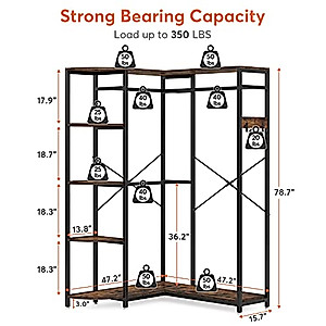 Tribesigns L-Shape Clothes Rack. Freestanding Clothing rack with Shelves & Side Hook, Heavy Duty Garment Rack Corner Wardrobe Closet Rack for Hanging Clothing, Rustic Brown
