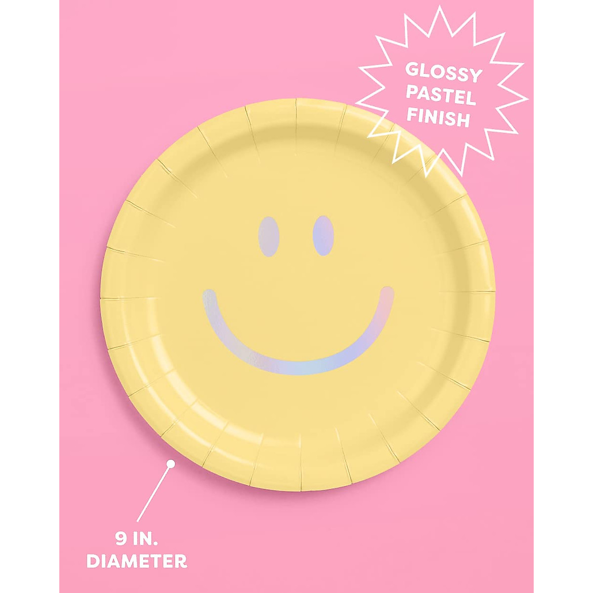 xo, Fetti Smiley Paper Plates - 24 pk, 9" | Happy Pastel Birthday Party Decorations, Cute Bachelorette Party, Cool Cake Plates