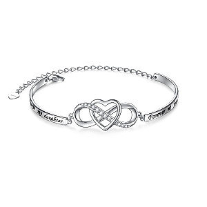 925 Sterling Silver Infinity Love Heart Bracelet With Inspirational Message for Daughter from Mother Father, Adjustable Length Bangle Bracelets Daughter Jewelry for Women