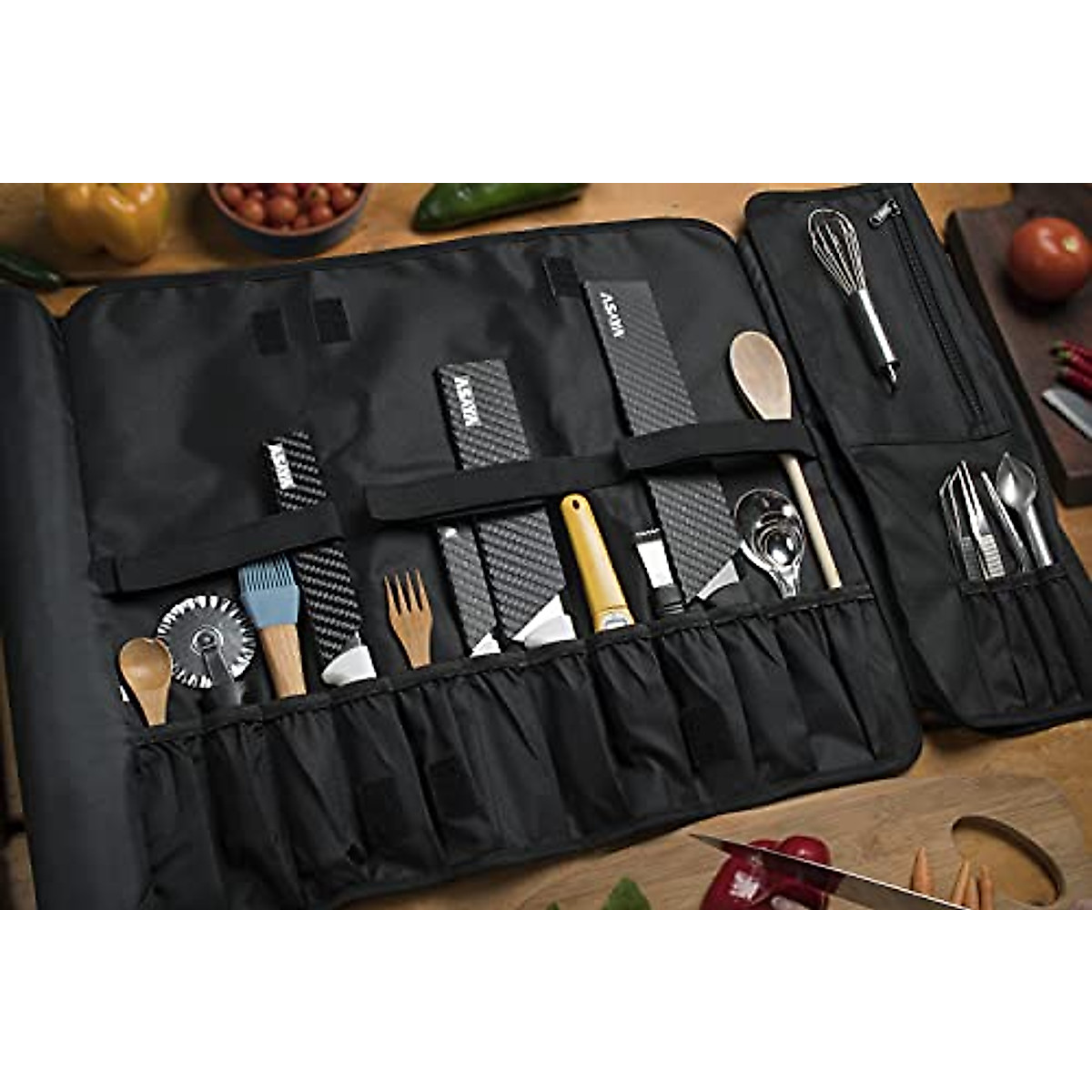 Asaya Chef Knife Roll Bag - 20 Total Pockets for Knives and Kitchen Utensils - Made with Stain Resistant Waxed Nylon - For Chefs and Culinary Students - Knives Not Included (Purple)
