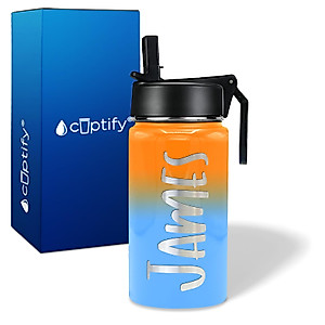 Personalized Kids Water Bottle with Straw Lid on Orange Blue Ombre for School Engraved Custom Children Name 12 oz Modern Insulated Stainless Steel