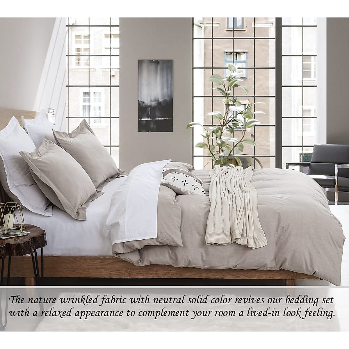 DAUAOTO Full Size Duvet Cover Set 82"X86", Washed Cotton Grayish Beige Neutral Bedding, Long Zipper Closure