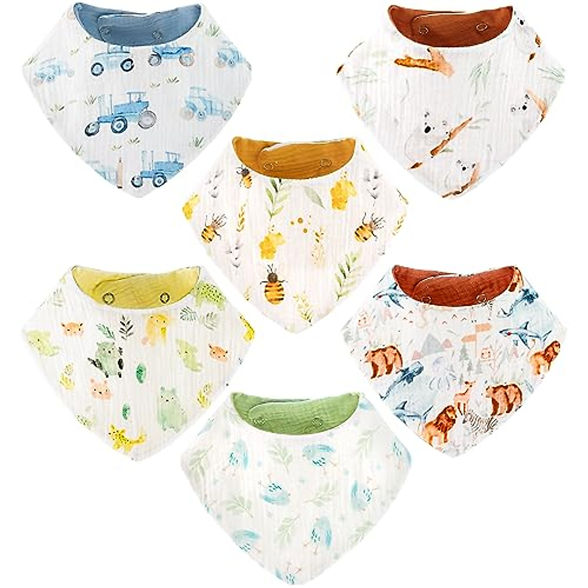 vuminbox Muslin Baby Bibs Bandana Drool Bibs 100% Cotton Absorbent Soft Reversible 6-Pack Set for Feeding, Teething Pattern and Solid Color for Unisex