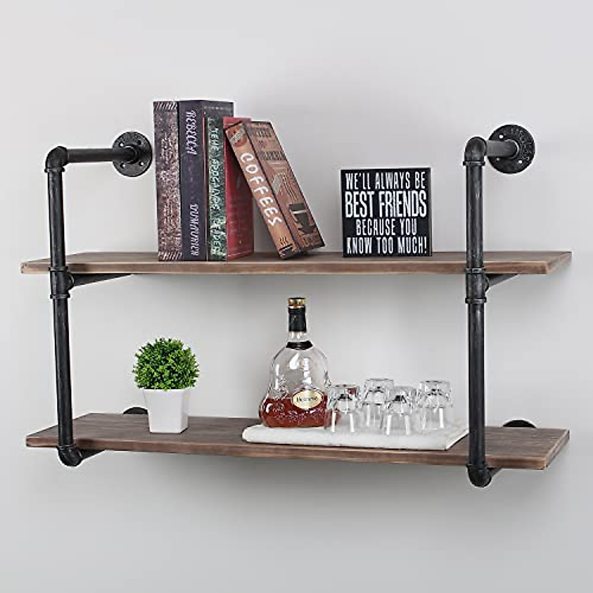 Womio Industrial Pipe Shelving Wall Mounted,Rustic Metal Floating Shelves,Steampunk Real Wood Book Shelves,Wall Shelf Unit Bookshelf Hanging Wall Shelves,Farmhouse Kitchen Bar Shelving(2 Tier,36in)