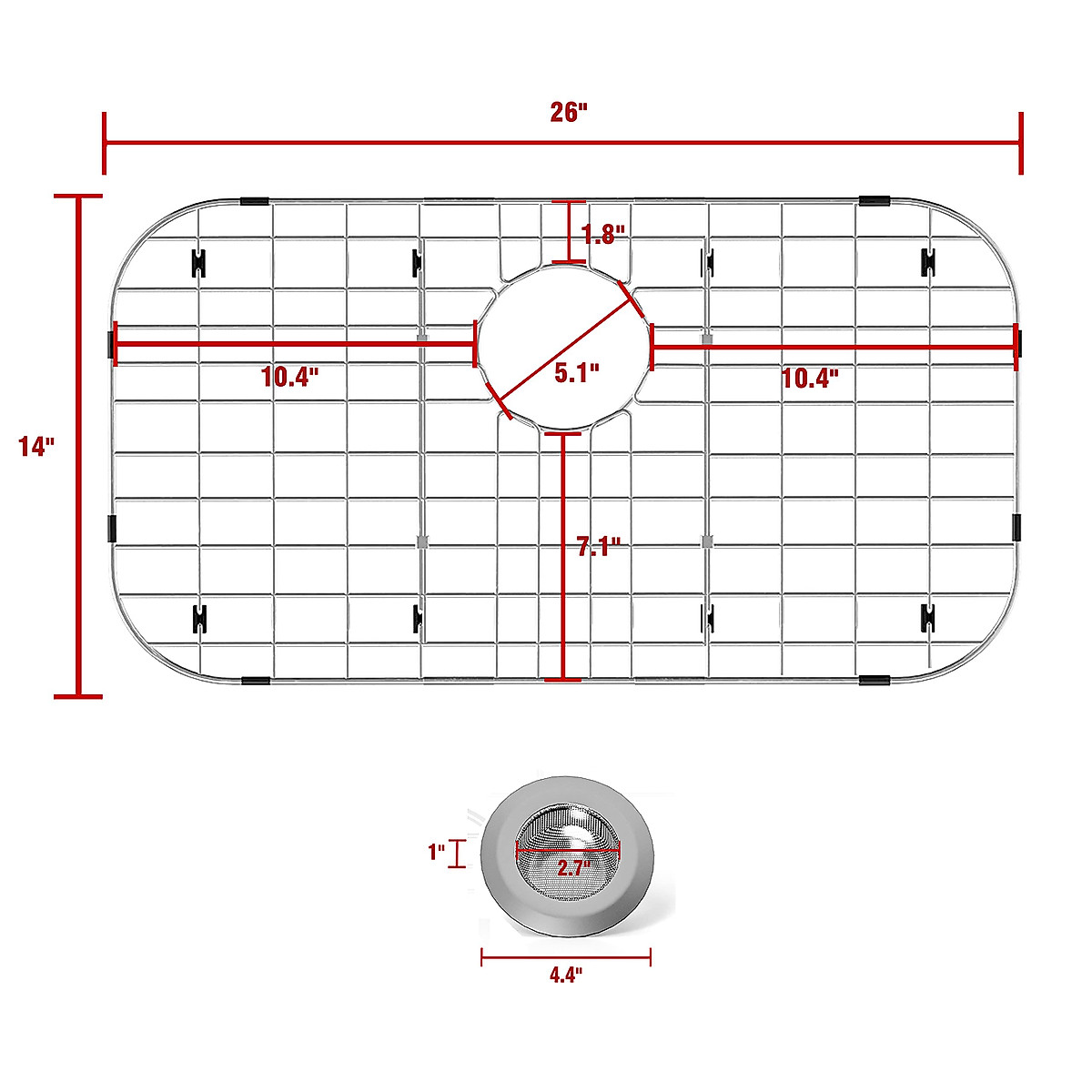 Sink Protectors for Kitchen Sink 26" x14", Stainless Steel Sink Protector with Rear Drain Hole Sink Rack for Bottom of Sink with Sink Strainers (Separable, 26" x 14", Rear Drain)
