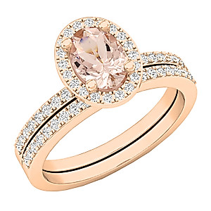 Dazzlingrock Collection 7x5mm Oval Morganite & Round White Diamond Halo Style Engagement Ring Set for Her (Diamond 0.44 ctw, Color I-J, Clarity I1-I3) in 10K Rose Gold Size 6