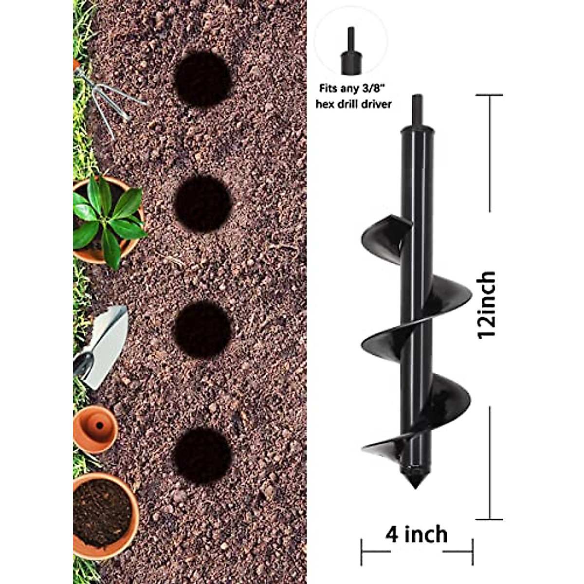 SYITCUN Auger Drill Bit for Planting - 4"X12" Heavy-Duty Garden Auger Spiral Drill Bit - Bulb Planter Tool & Auger Post Hole Digger - 3/8" Hex Drive Drill