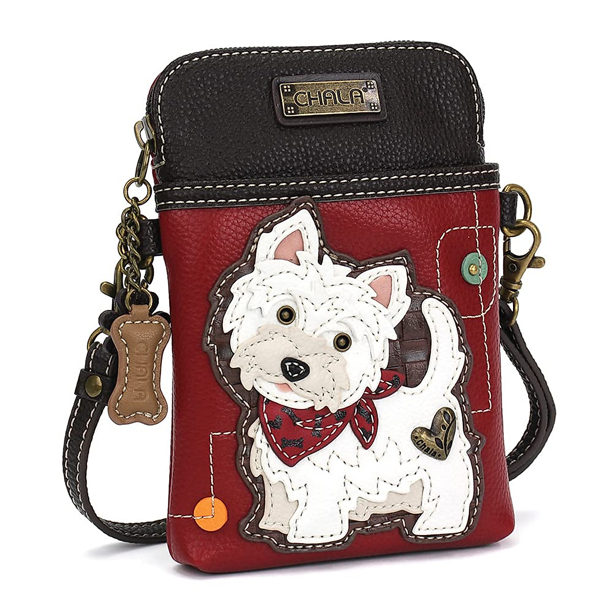 Chala Group Dog CellPhone Crossbody Handbag, Dog Mom, Chala Westie Highlander Terrier Lovers Cross-body Phone Purse with Adjustable Straps (Red and Black -Westie)
